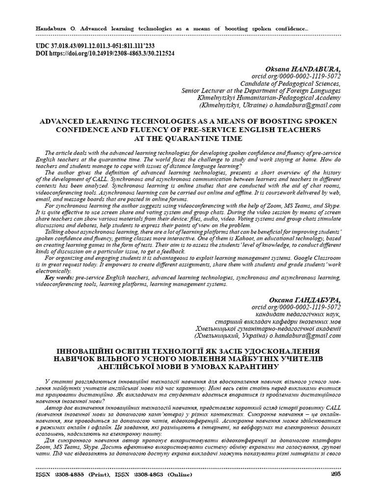 Advanced Learning Technologies As A Means of Boosting Spoken Confidence and Fluency of Pre ...