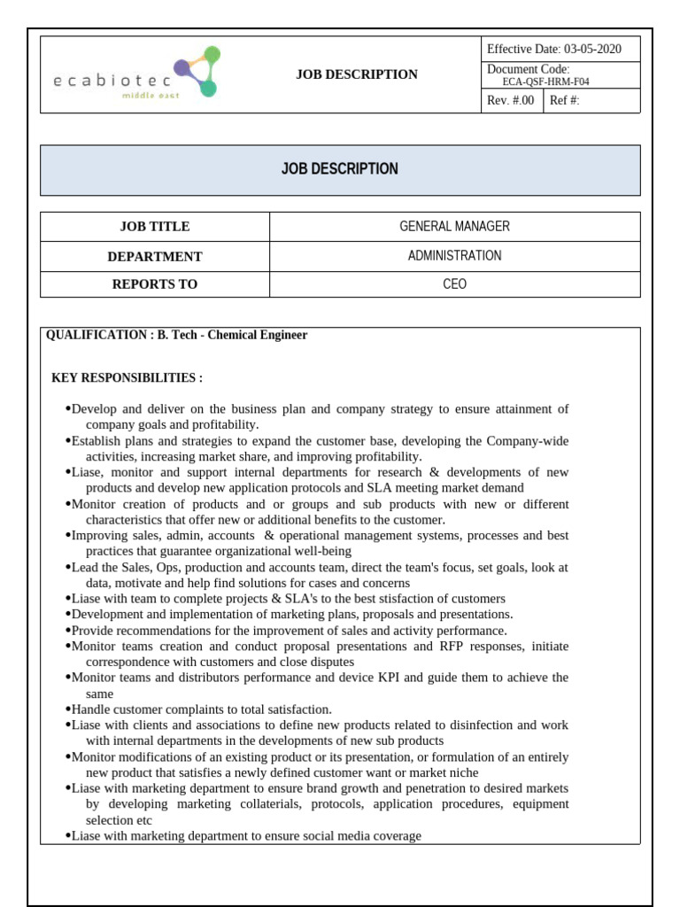 FM-Job Description - General Manager | PDF | Marketing | Performance ...