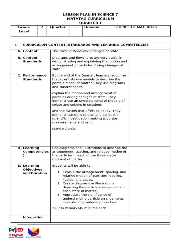 Grade 7 Science Lesson Plan: Matter | PDF | Gases | Liquids