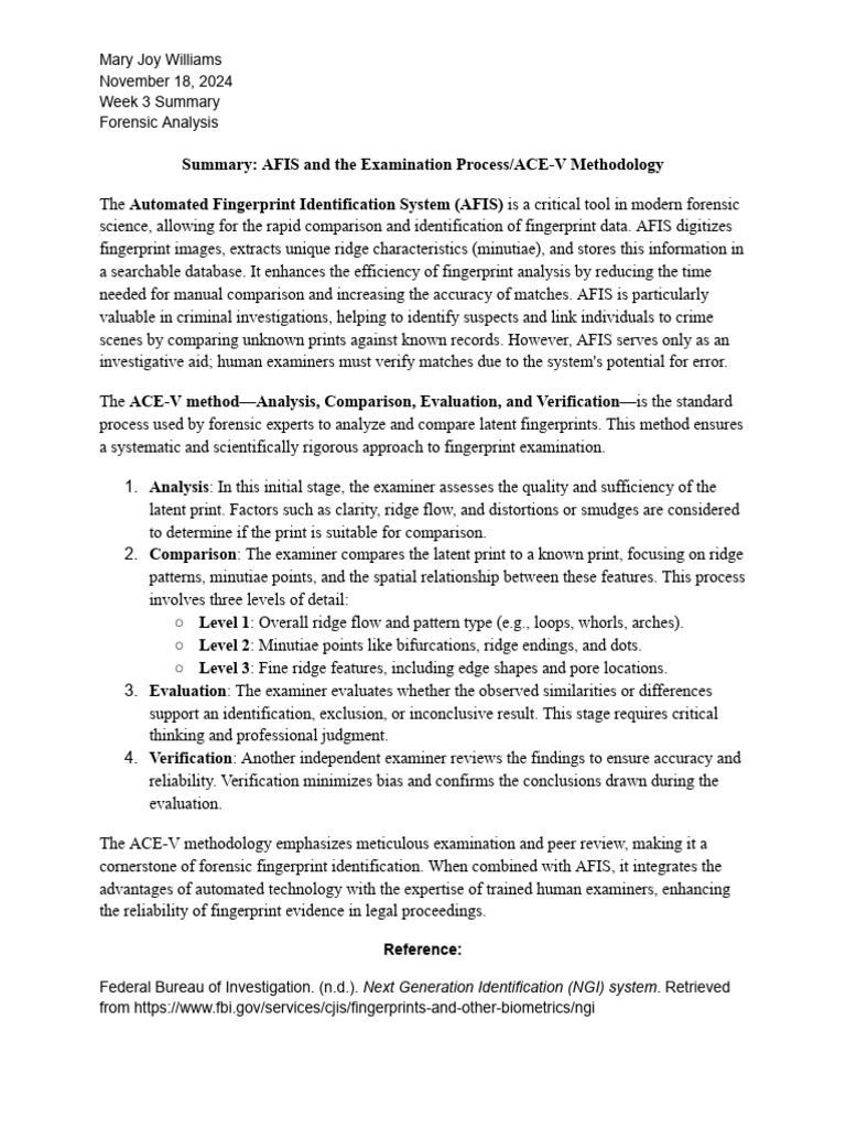 Summary - AFIS and The Examination Process - ACE-V Methodology | PDF ...