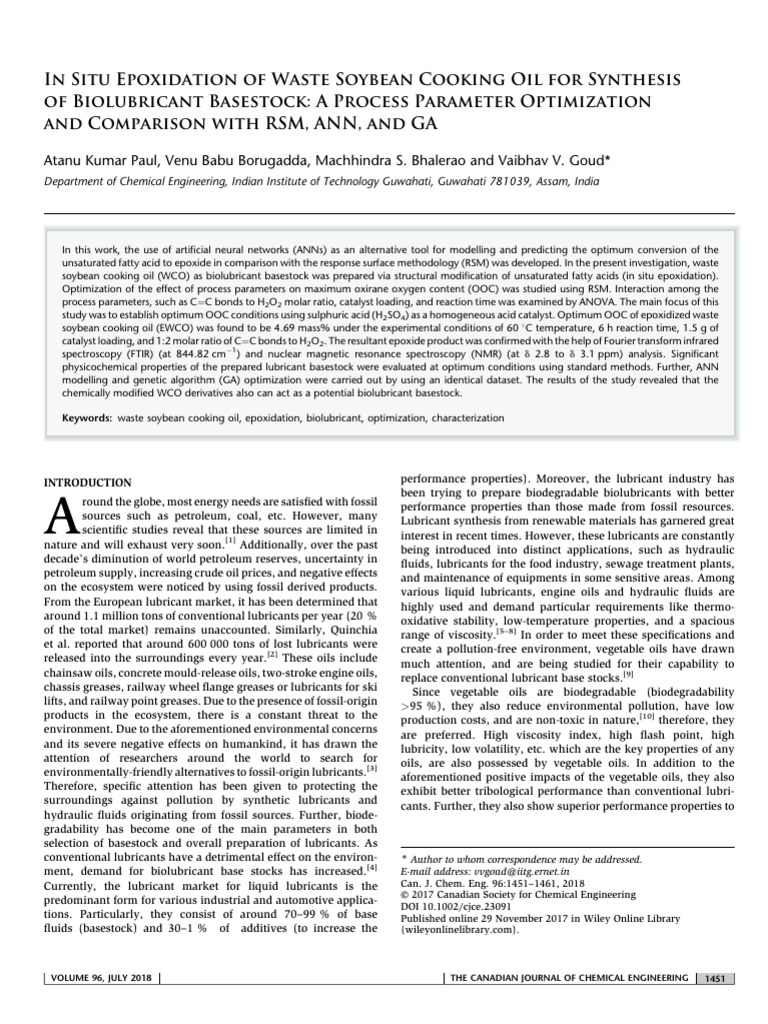 In Situ Epoxidation of Waste Soybean Cooking Oil for Synthesis of ...