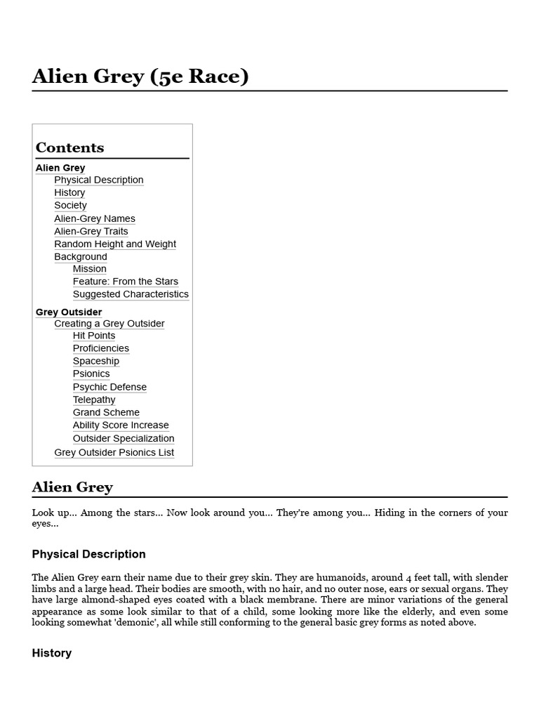 Alien Grey Race Overview for D&D 5E | PDF | Deception