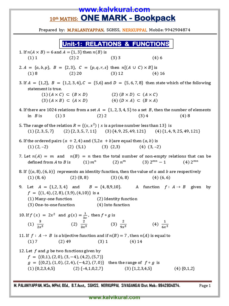 10th Grade Maths One Mark Quiz | PDF | Matrix (Mathematics) | Circle