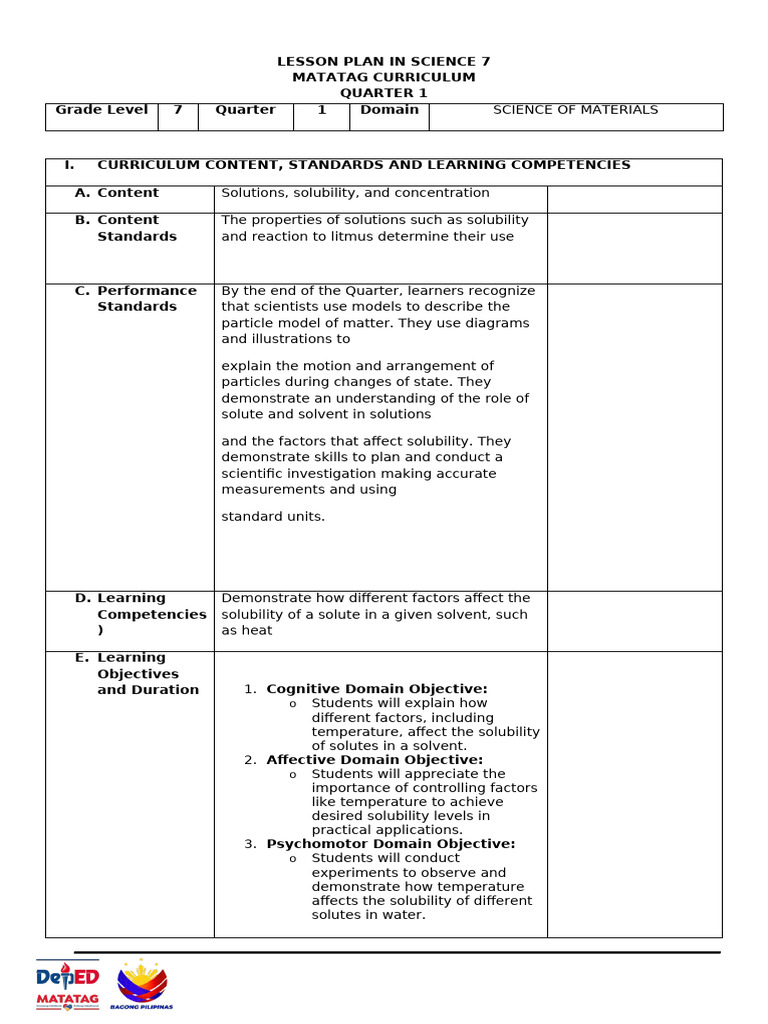 LC 10 - Science 7 Lesson Plan Matatag Curriculum | PDF | Solubility ...