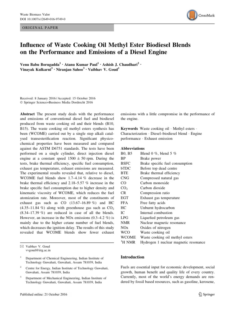 Waste Cooking Oil Biodiesel Engine Study | PDF | Biodiesel | Diesel Fuel