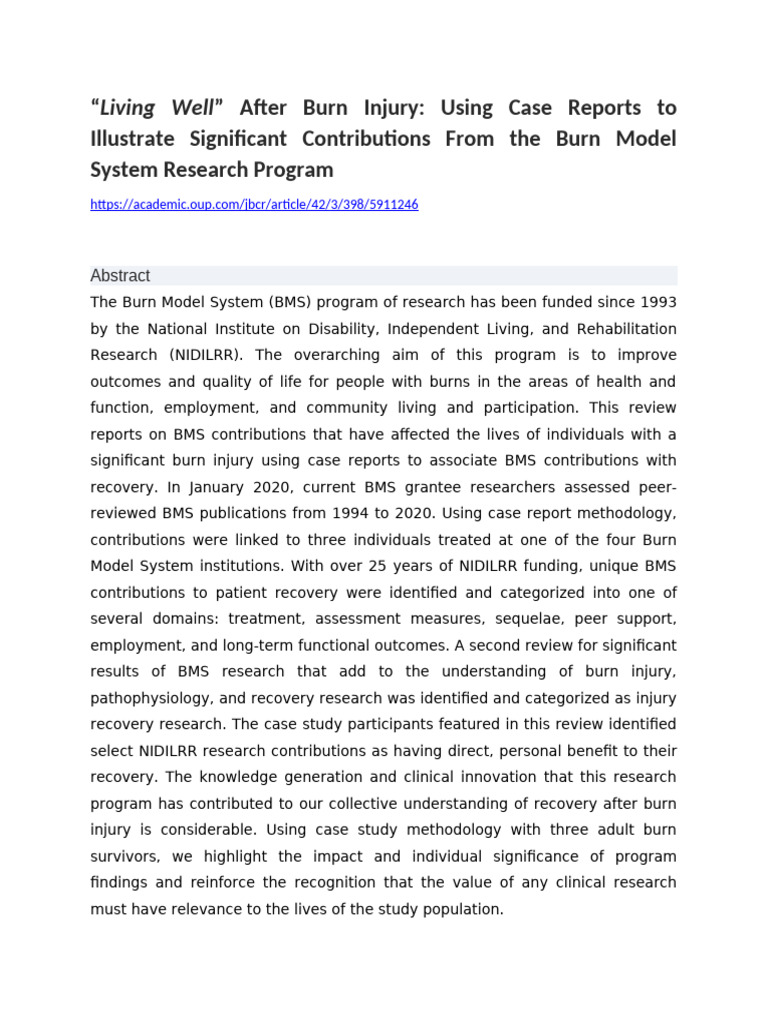 “Living Well” After Burn Injury, Using Case Reports to Illustrate ...