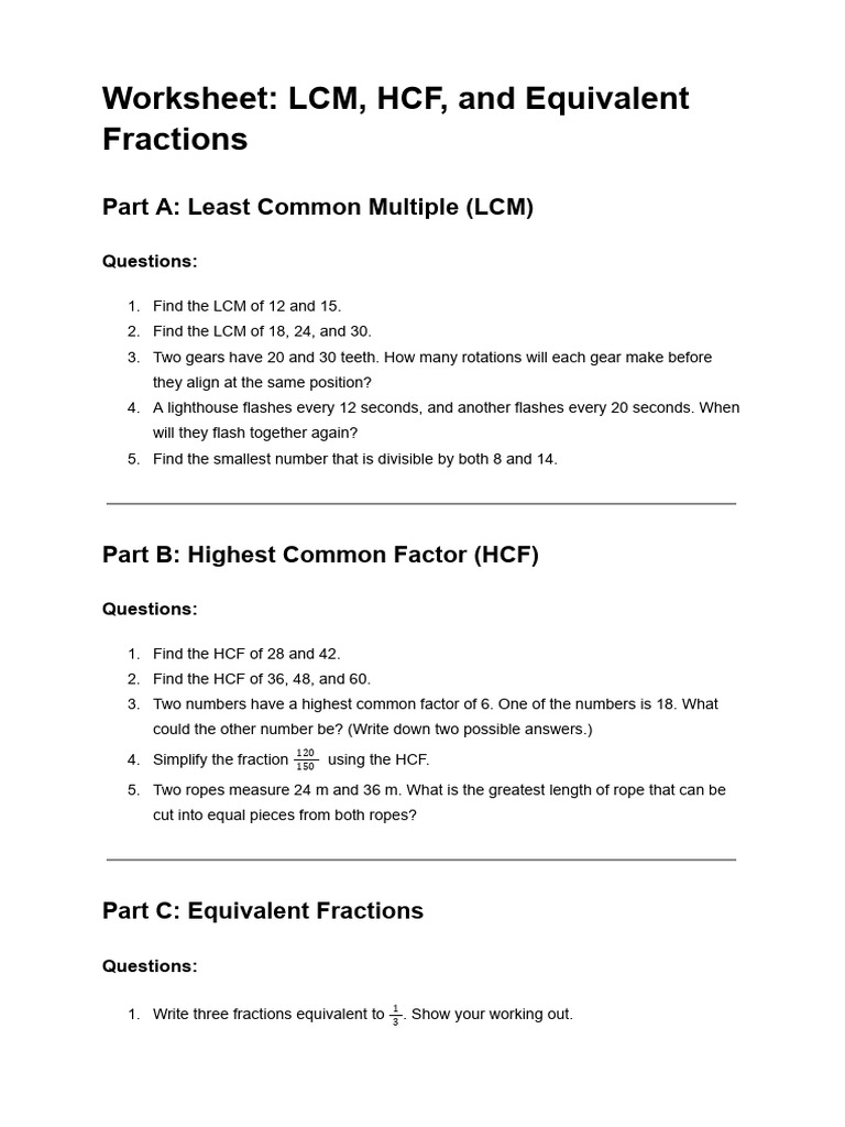 Homework Worksheet_ LCM, HCF, and Equivalent Fractions | PDF | Number ...
