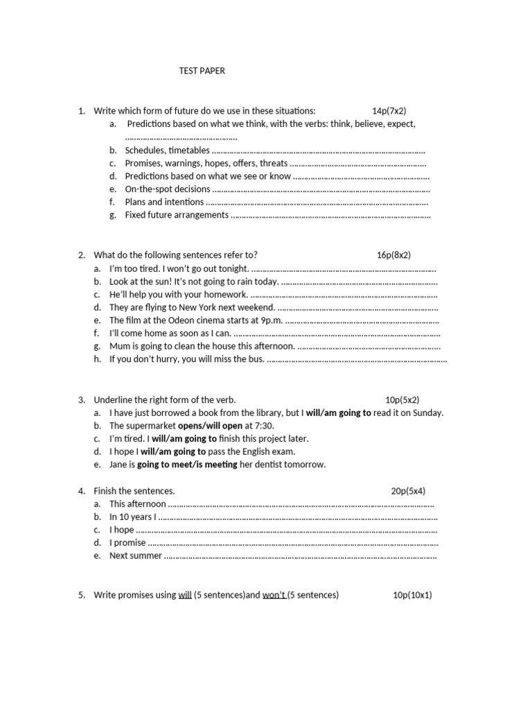 Future Tenses Test Paper | PDF