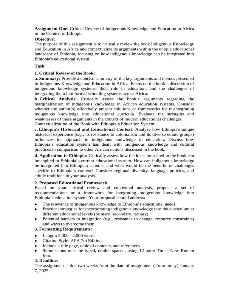 Education in Ethiopia (Assignment One) | PDF | Critical Thinking | Ethiopia