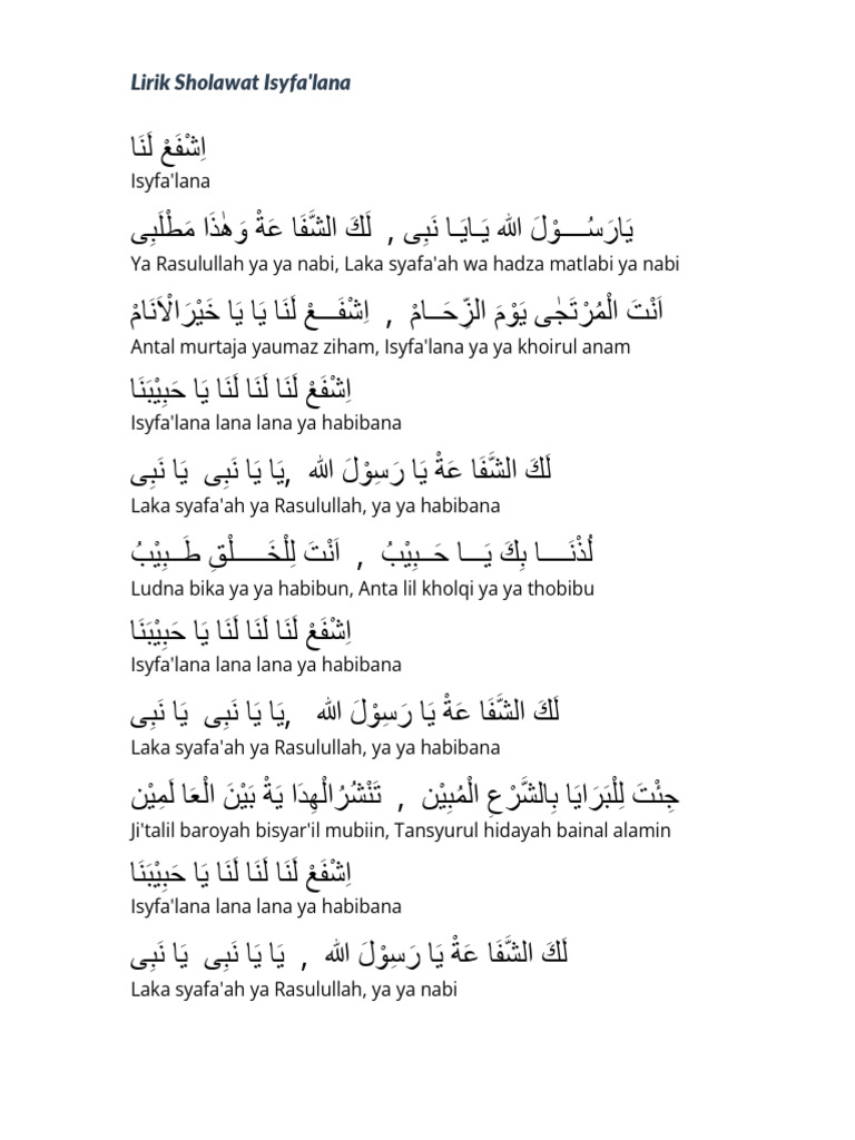 Lirik Sholawat Isyfa'lana | PDF