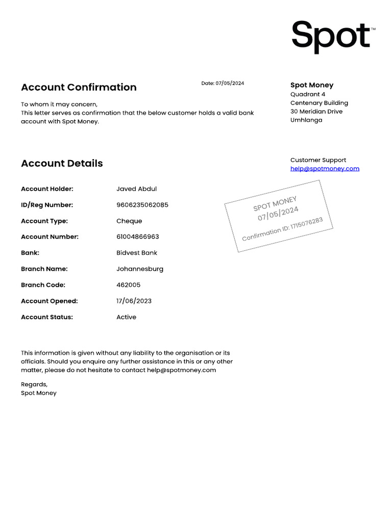 Bank Confirmation | PDF