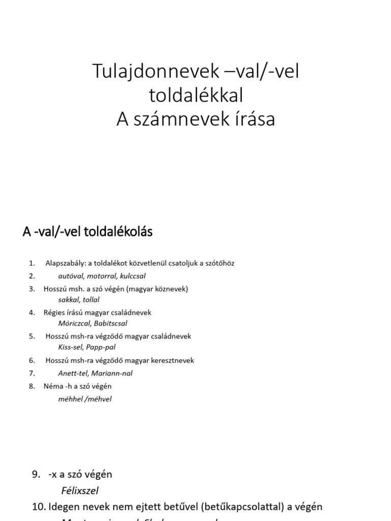 Tulajdonnevek Val Vel Számok Hallgatóknak | PDF