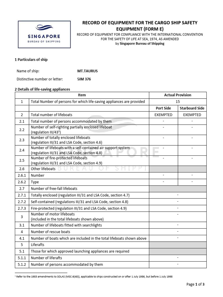 Record of Equipment For The Cargo Ship Safety Equipment (Form E) | PDF ...
