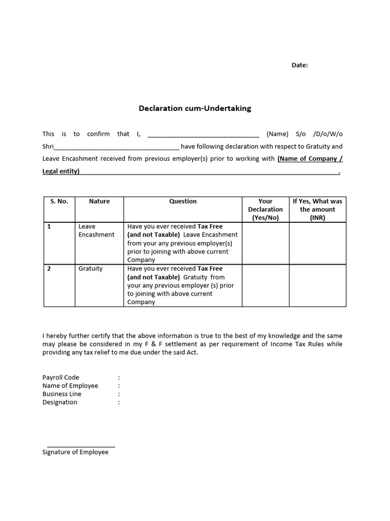 Gratuity and Leave Encashment Declaration | PDF