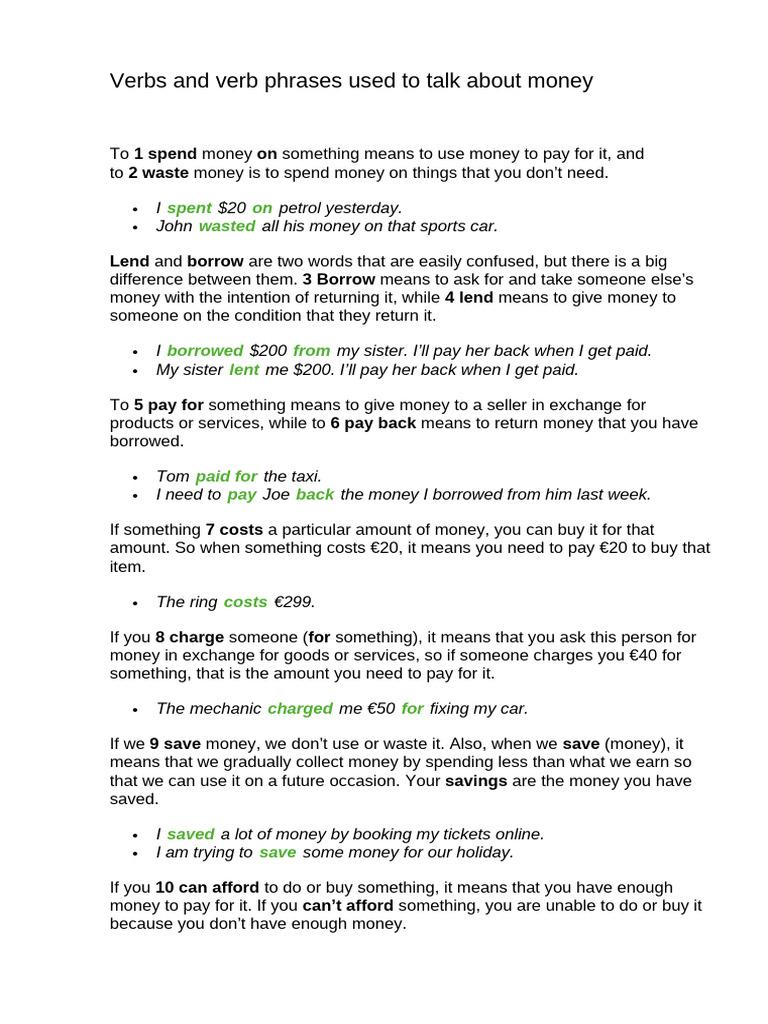 Money Verbs and Phrases Explained | PDF | Money | Banks