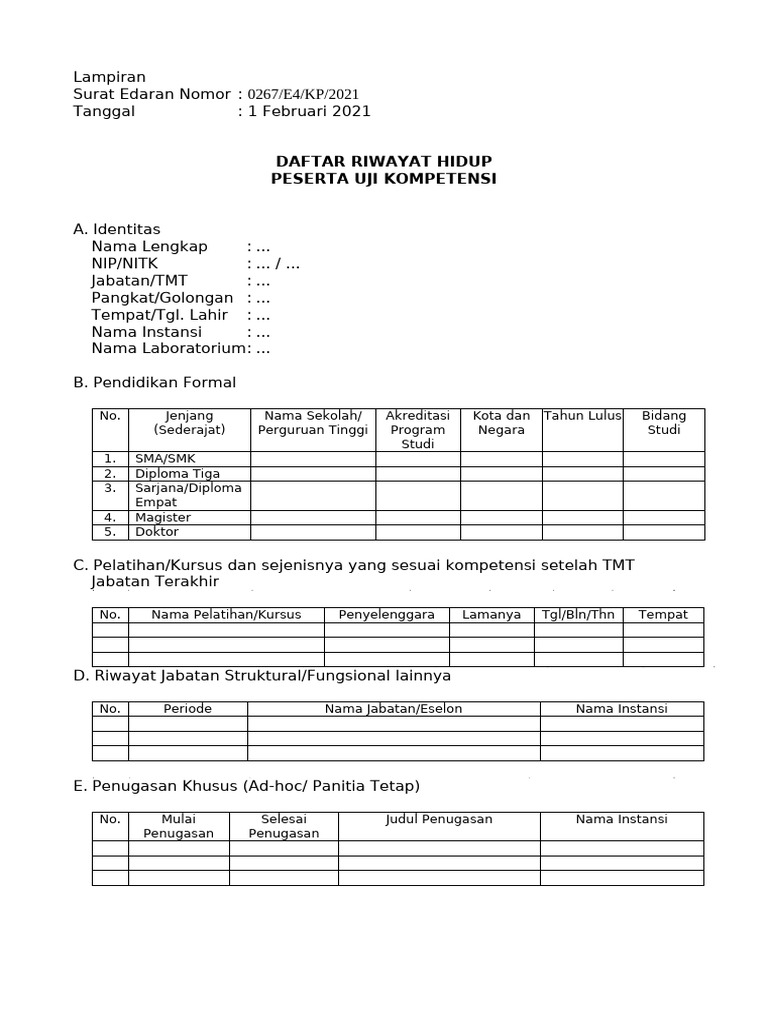 Lampiran SE No. 0267.E4.KP.2021 Daftar Riwayat Hidup Peserta Uji Kompetensi | PDF