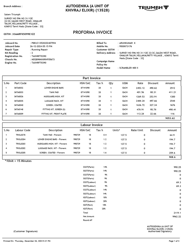 ARUNKUMAR K - Profama Invoice | PDF | Motor Vehicle | Vehicles