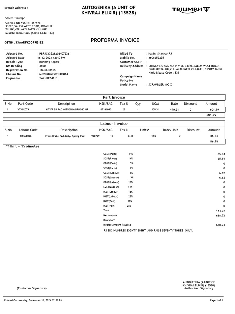 Proforma Invoice for YTA02079 Repair | PDF | Government Finances | Taxes
