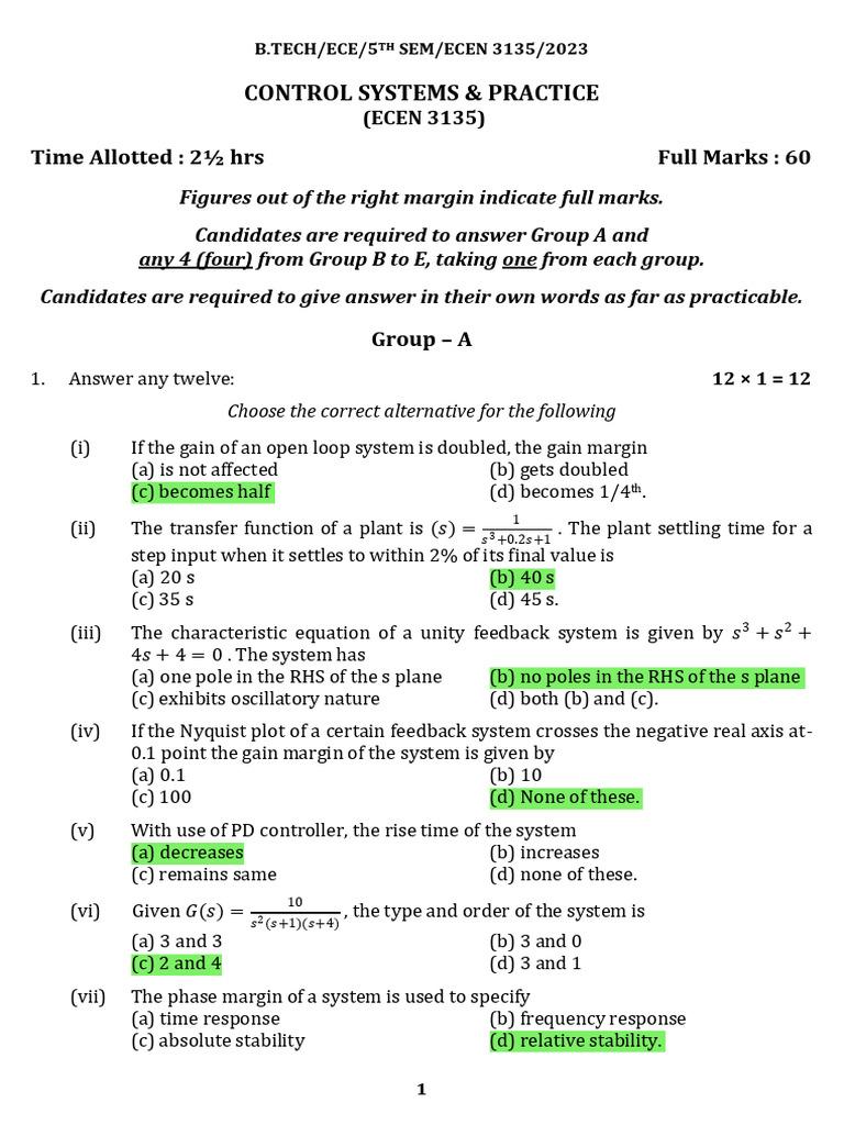 Control Systems Exam ECEN 3135 Guide | PDF | System | Feedback