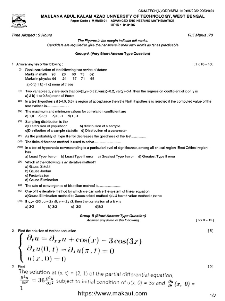 Mtech 1 Sem Mmme Advanced Engineering Mathematics Mmme101 2023 | PDF