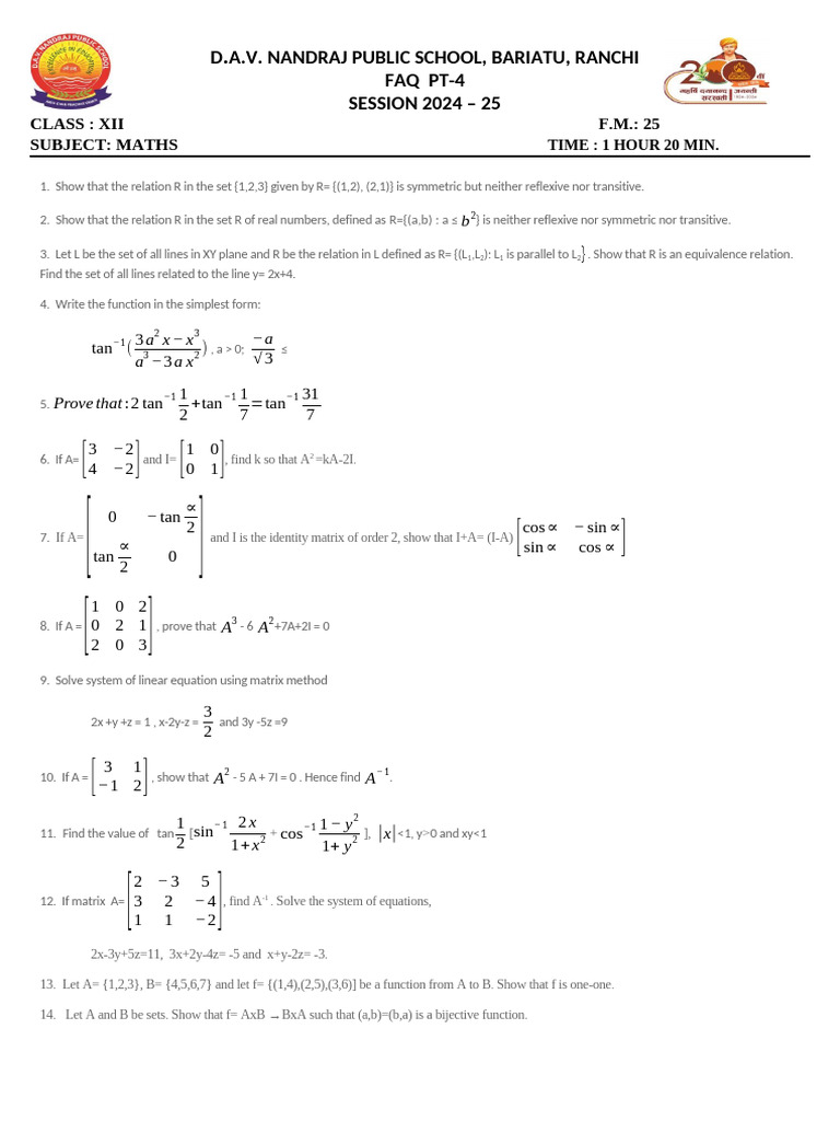 PRACTICE TEST class 12 4 | PDF | Mathematical Relations | Applied ...