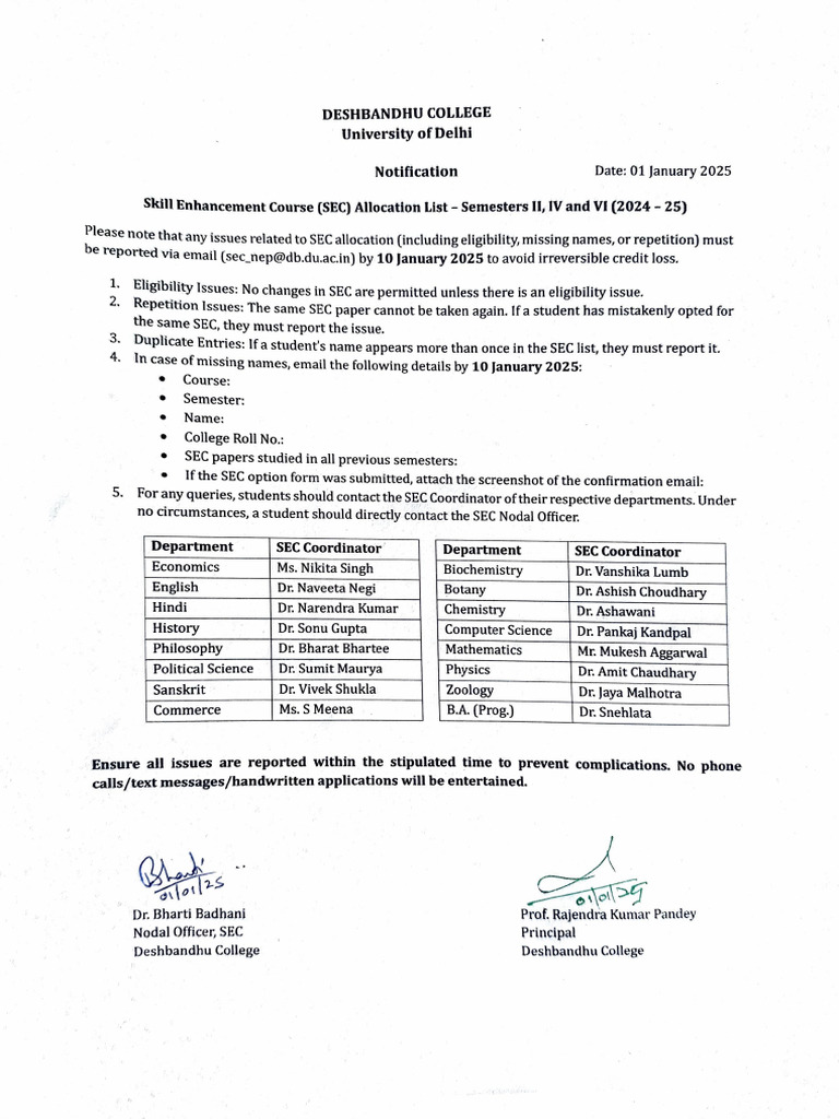 SEC Allocation List Even Semester 2024-25 | PDF | Academic Degree
