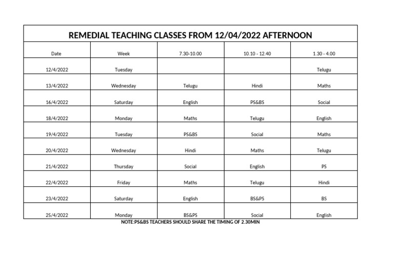 Remedial Class Schedule April 2022 Pdf 5971
