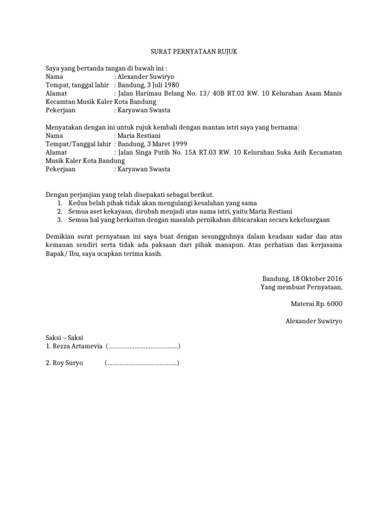 Contoh Surat Pernyataan Rujuk Kembali Dengan Perjanjian 1 | PDF