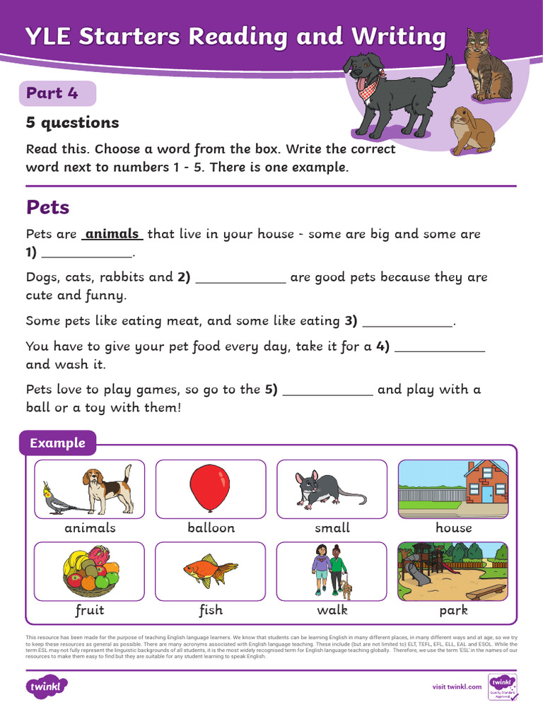 T e 1681804990 Esl Starters Reading and Writing Part 4 Worksheet Pets ...