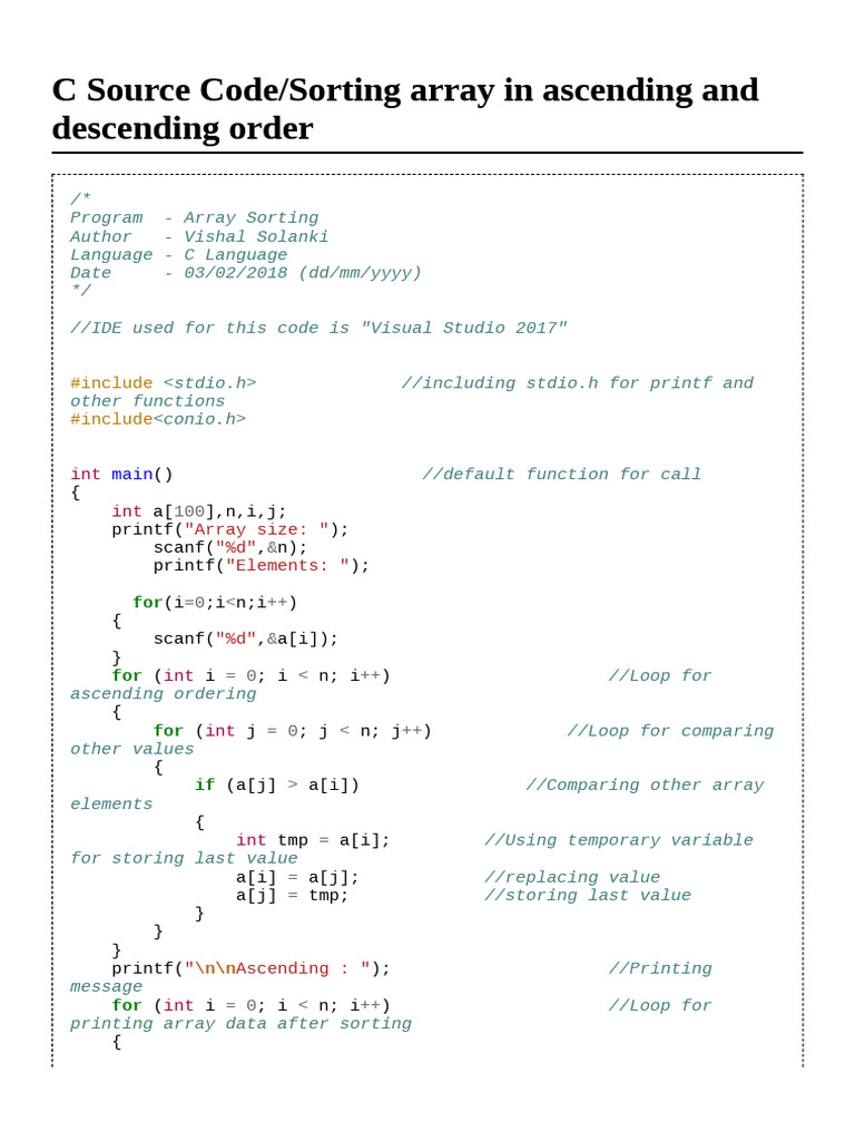 C Source Code Sorting Array In Ascending And Descending Order Pdf Software Computer 