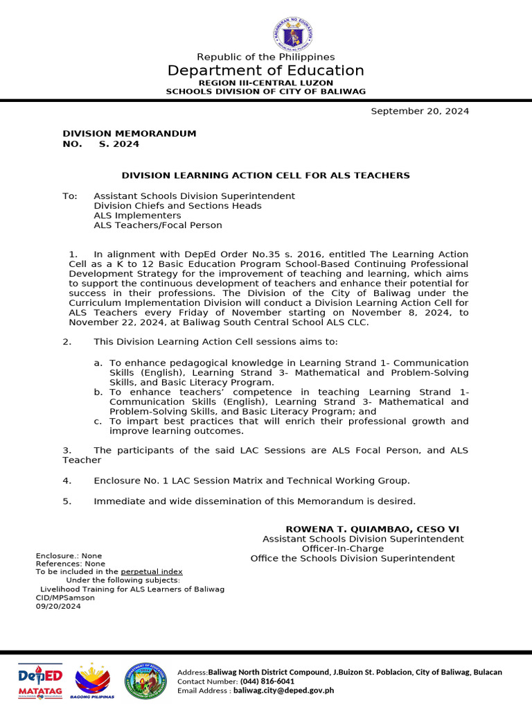 Division Memo - LAC Sessions | PDF | Learning | Human Communication