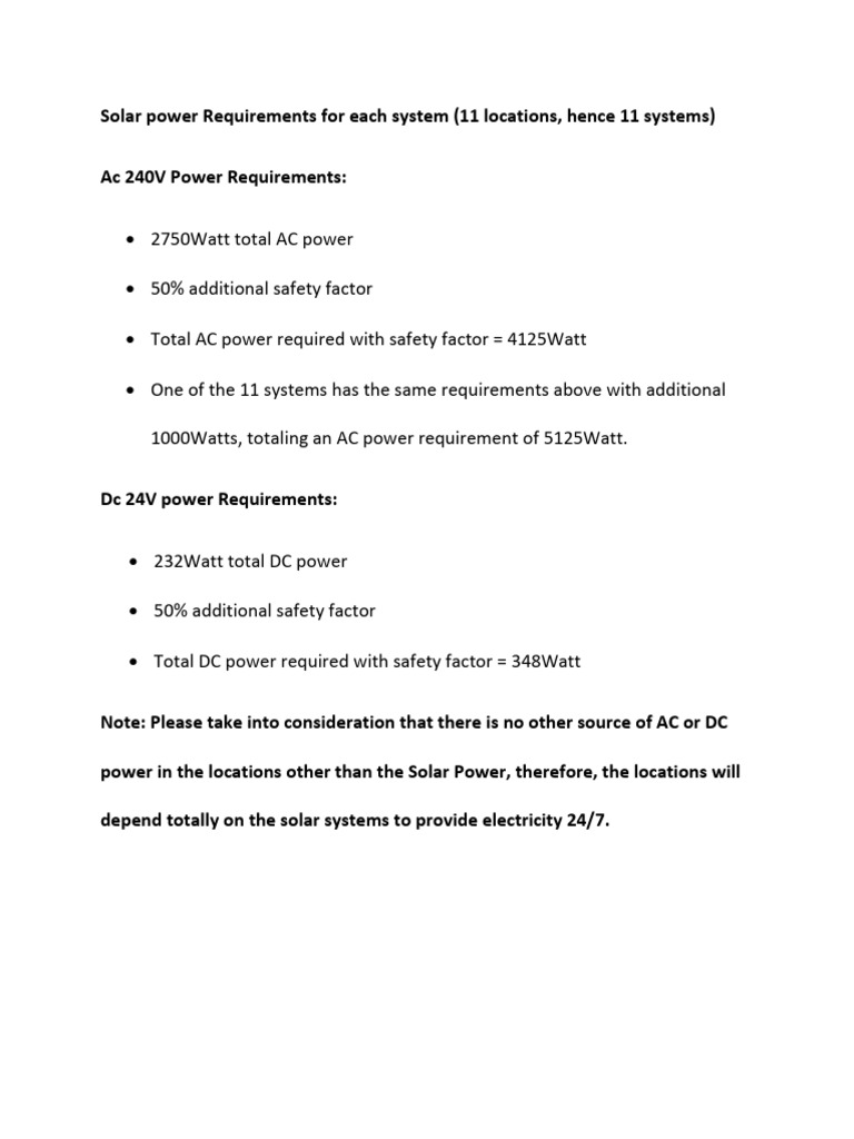 Solar Power Requirements for 11 Systems | PDF