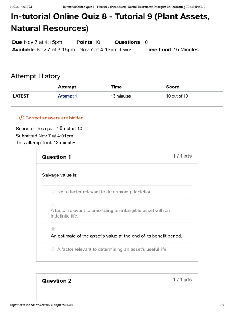In-Tutorial Online Quiz 8 - Tutorial 9 (Plant Assets, Natural Resources ...