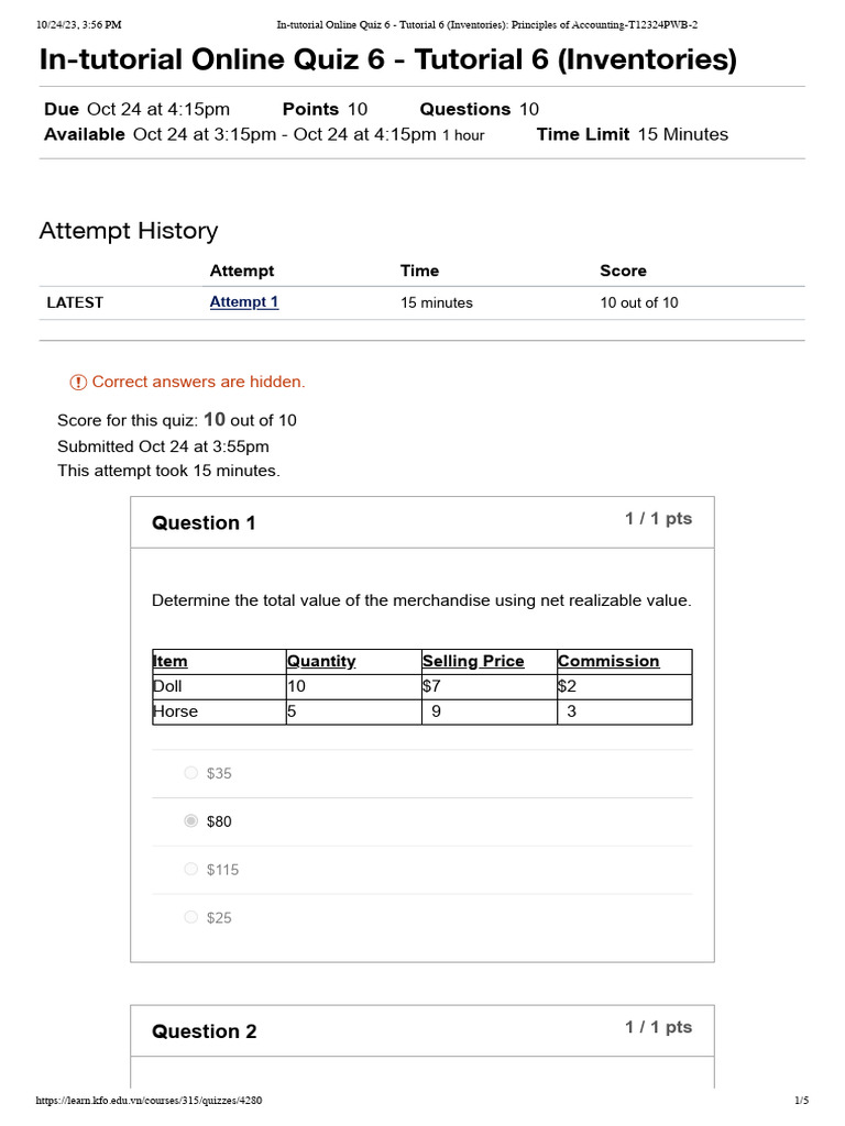 In-Tutorial Online Quiz 6 - Tutorial 6 (Inventories) - Principles of Accounting-T12324PWB-2 ...