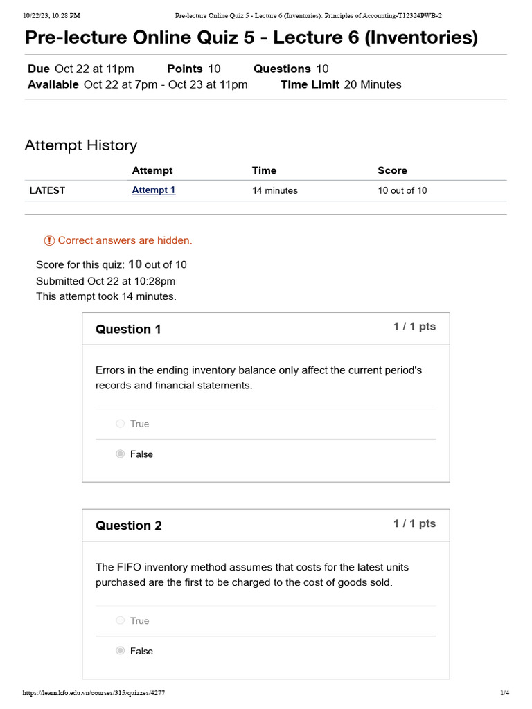 Pre-Lecture Online Quiz 5 - Lecture 6 (Inventories) - Principles of Accounting-T12324PWB-2 | PDF ...