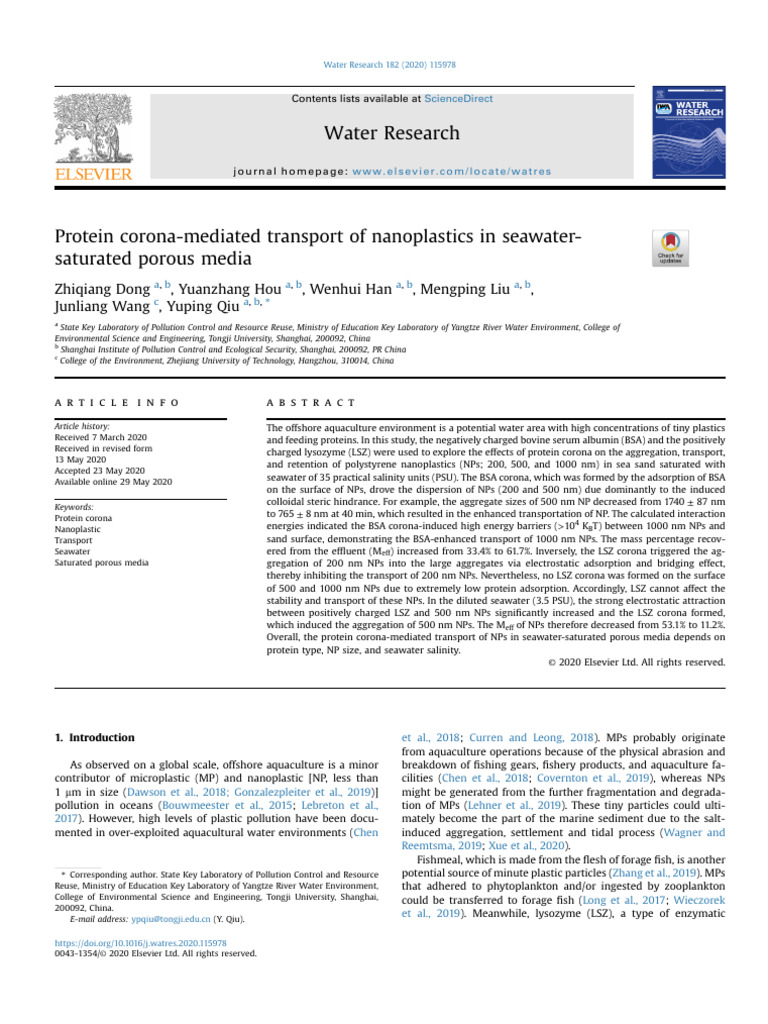 Protein-corona-mediated-transport-of-nanoplastics-in-seawate_2020_Water-Rese | PDF | Adsorption ...