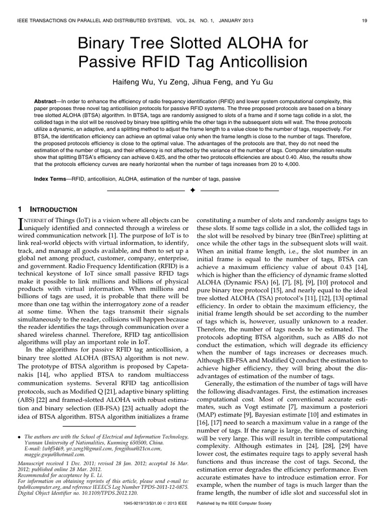 Binary Tree Slotted ALOHA for Passive RFID Tag Anticollision | PDF | Radio Frequency ...
