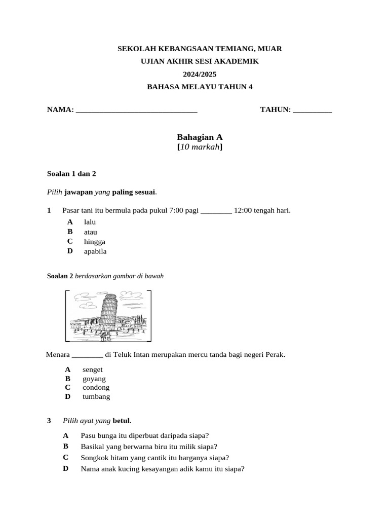 Soalan Uasa BM Tahun 4 2024 | PDF