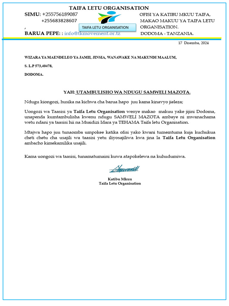 Barua Ya Utambulisho TK | PDF