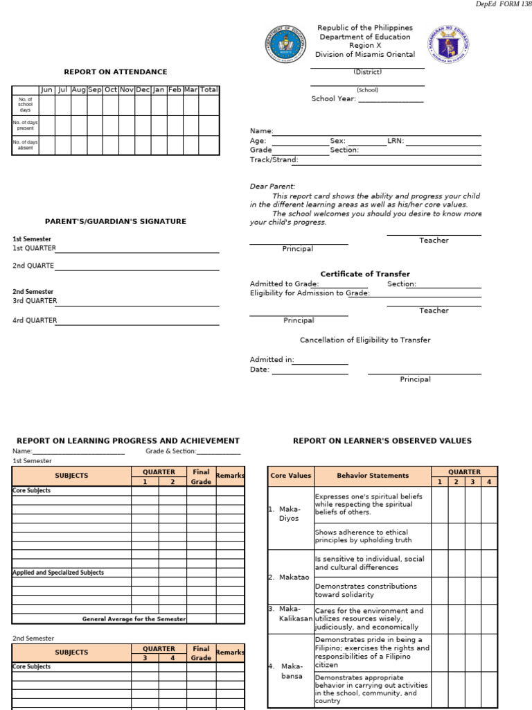 Shs Form-138 For G 11 13 | PDF | Learning | Behavior Modification