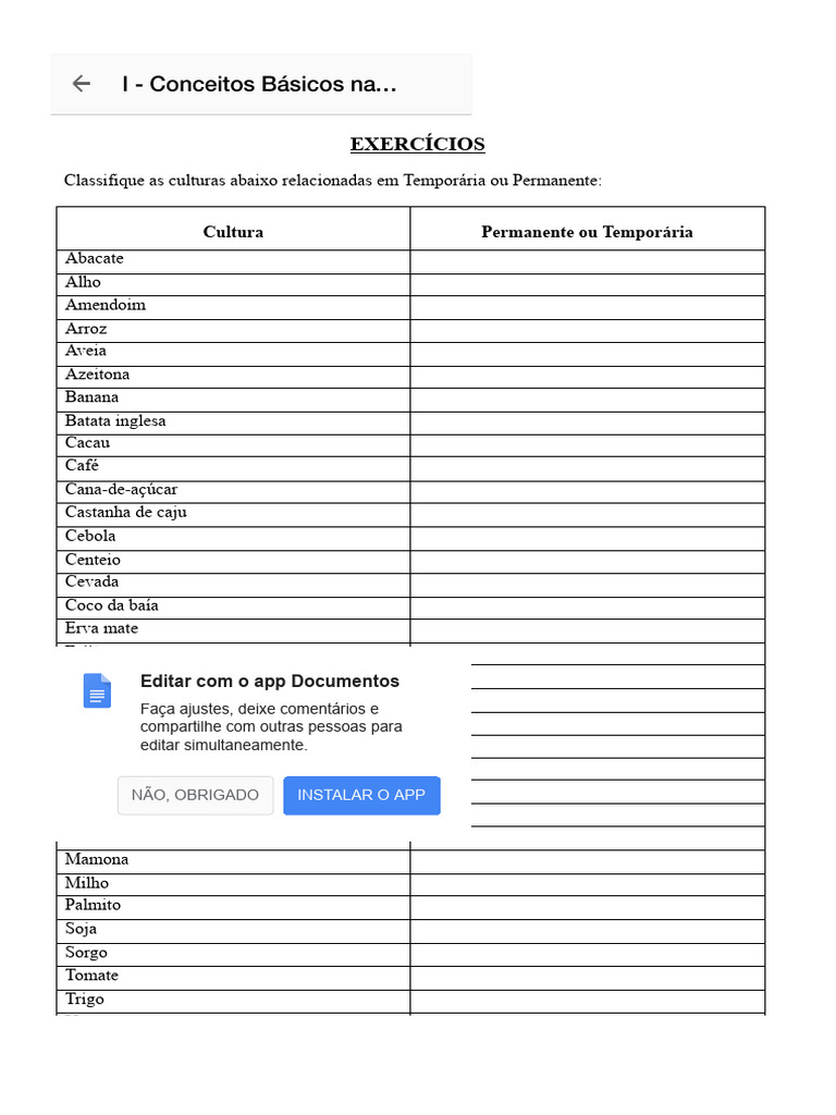 I - Conceitos Básicos na Atividade Rural - Atividades - Tipos de Culturas.doc | PDF