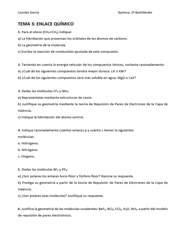 TEMA 3 - Enlace Quimico - Actividades | PDF | Enlace químico | Moléculas