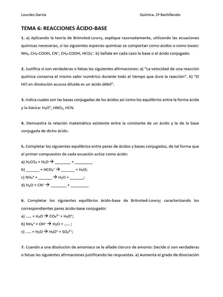TEMA 6 - Reacciones Acido-Base - Actividades | PDF | Ácido | Ph