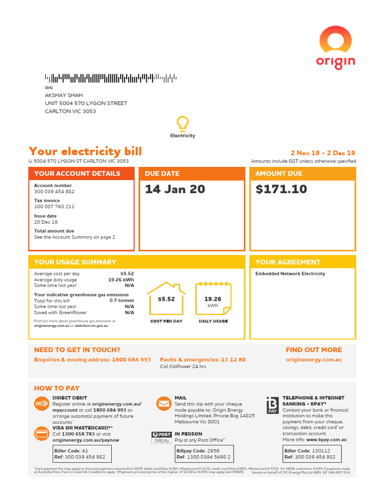 Origin electricity invoice_300039454982_20122019_211506 | PDF | Debit ...