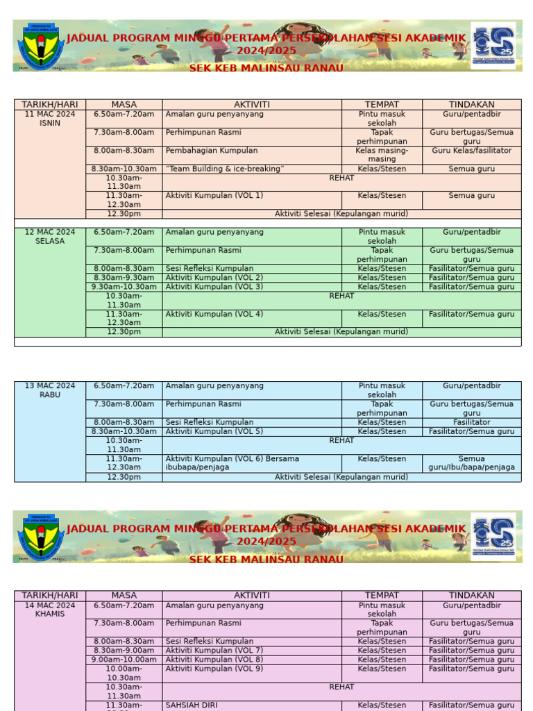 Jadual Program Minggu Pertama Persekolahan SK Malinsau | PDF