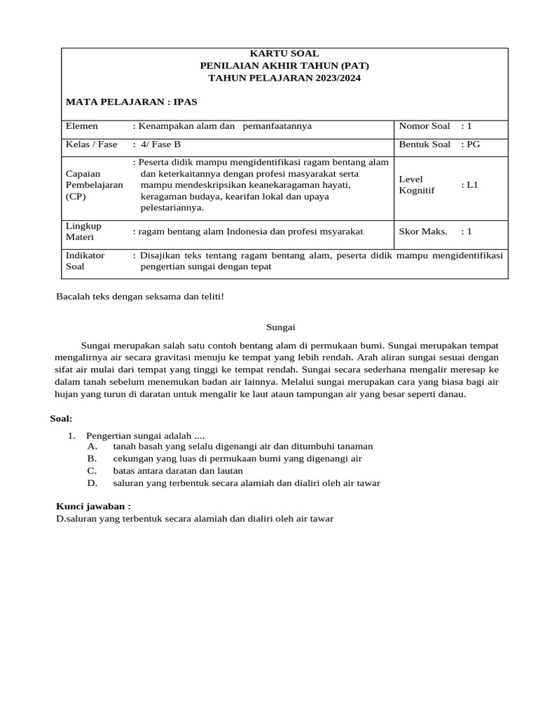 Kartu Soal Ipas KLS 4 2024 | PDF