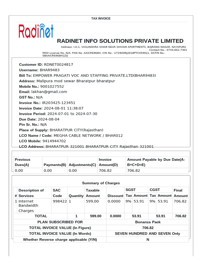 RADINET Print Customer Invoice-1 internet bill | PDF | Invoice | Taxation