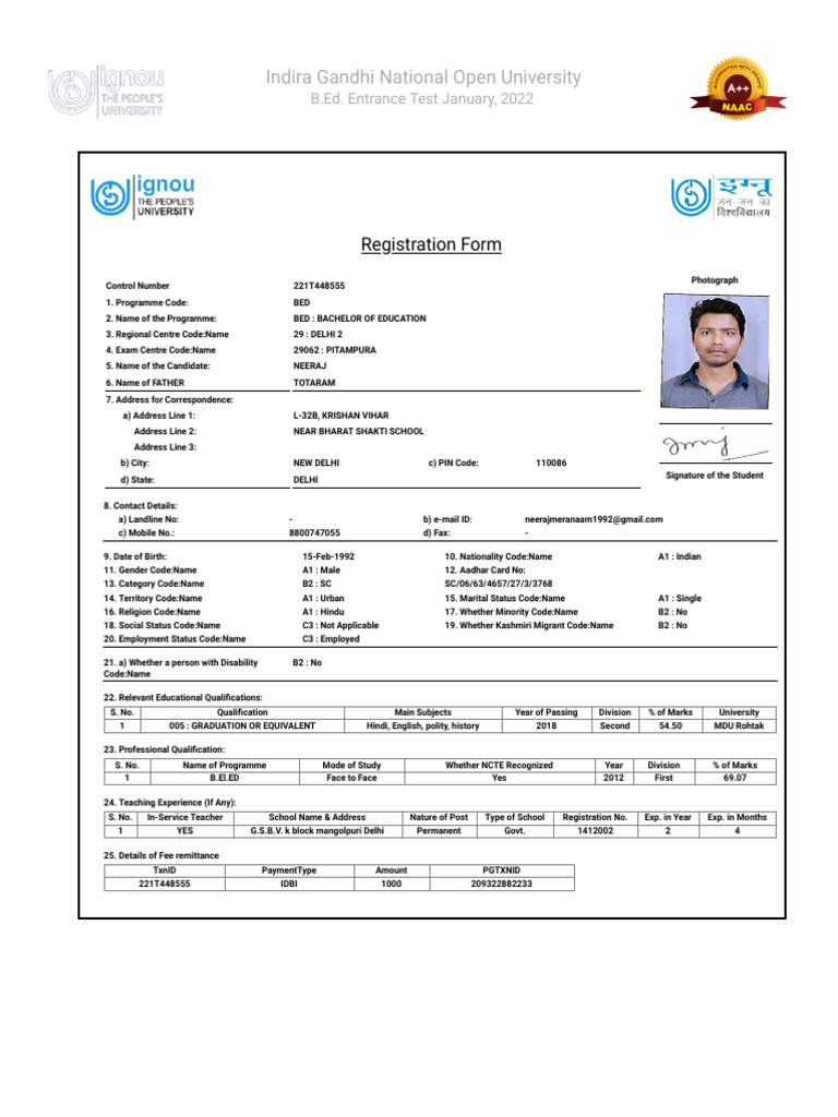 IGNOU Online Registration for B.Ed. Entrance | PDF