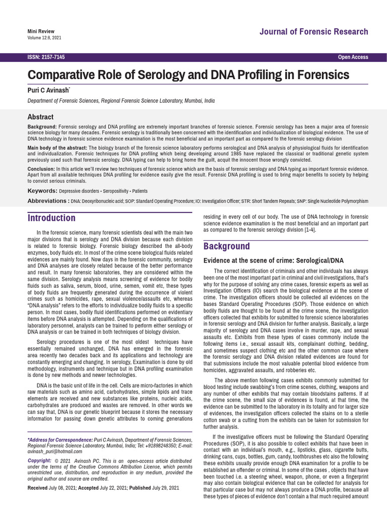 Comparative Role of Serology and Dna Profiling in Forensics | PDF | Dna ...