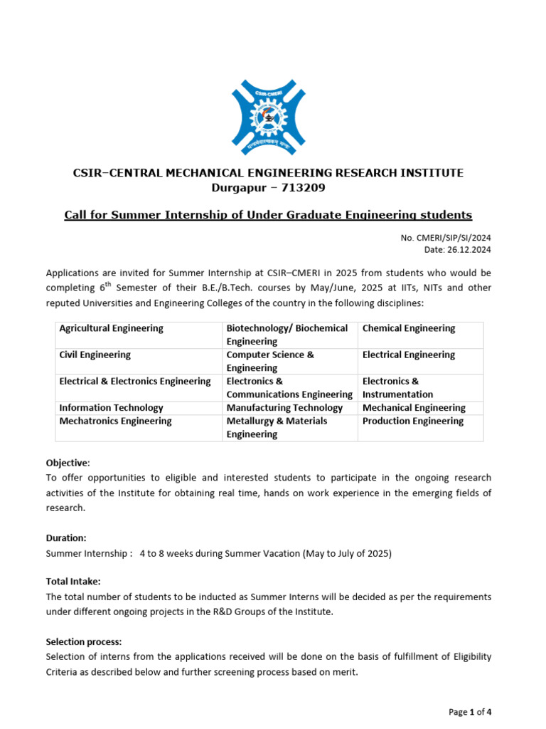 CSIR-CMERI Summer Internship 2025 | PDF | Engineering | Mechanical ...